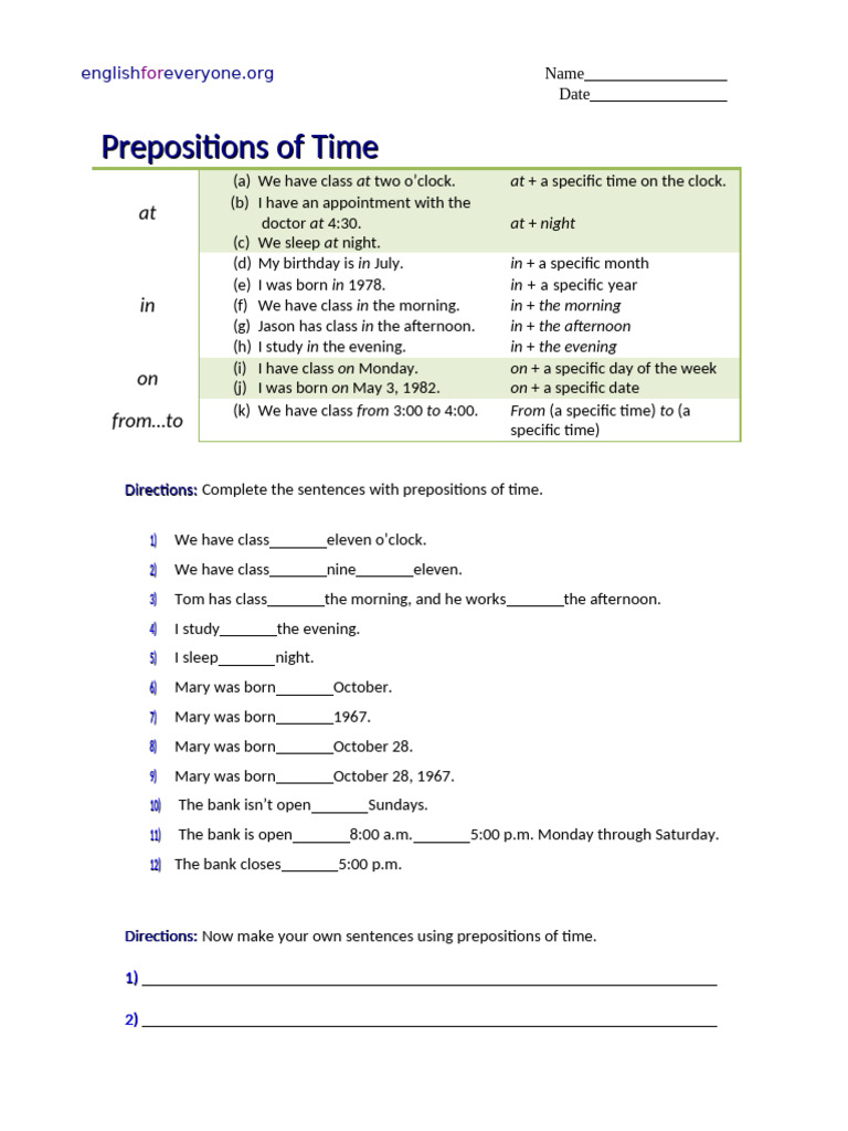 Prepositions of Time - Exercises | PDF