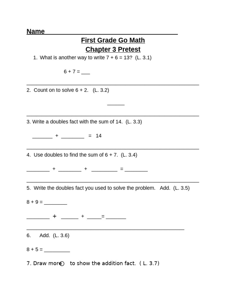 First Grade Go Math Chapter 3 Pretest | PDF | Teaching Methods & Materials