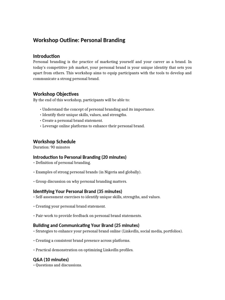 Personal Branding Workshop Outline | PDF