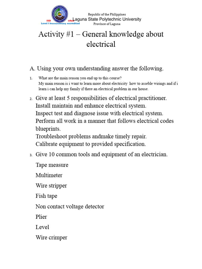 Vhixian Lontok - ACTIVITY - 1 ELC 113 | PDF | Voltage | Electrical ...