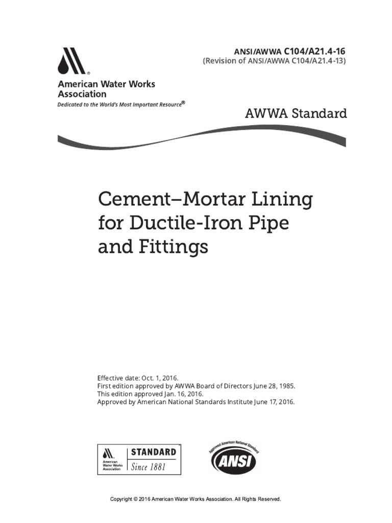 ANSI AWWA C104 - A21.4-16 - Cement-Mortar Lining For Ductile-Iron Pipe and Fittings | PDF | Pipe ...