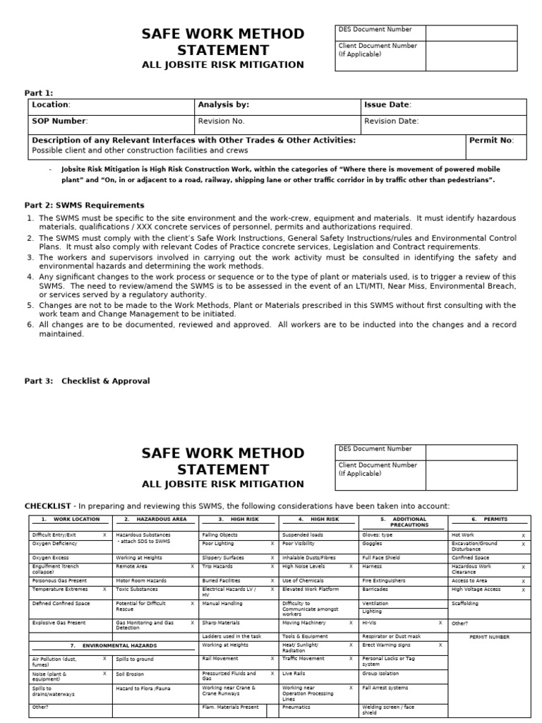 SWMS All Jobsite Risk Mitigation Template | PDF | Risk | Hazards