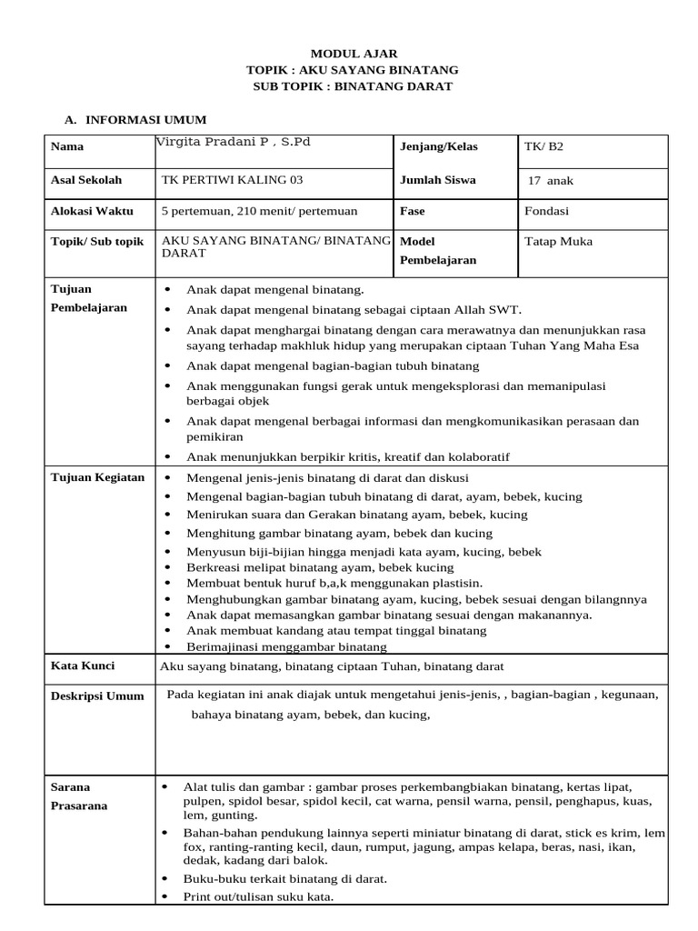 Modul Ajar Binatang Darat untuk TK | PDF