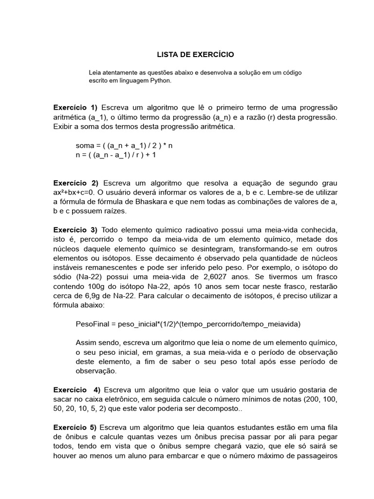 Lista de Exercícios Python Básico | PDF | Radioatividade | Algoritmos Lista de Exercícios Python Básico | PDF | Radioatividade | Algoritmos