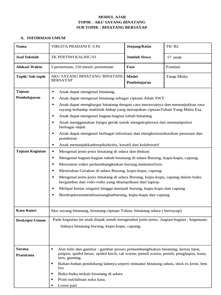 Modul Ajar Minggu 8 Binatang Bersayap | PDF