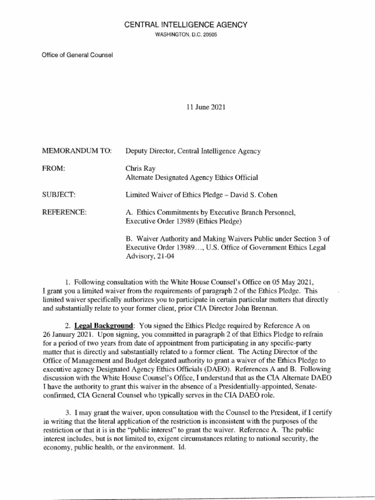 Limited Waiver of Ethics Pledge Cohen | PDF | Central Intelligence ...