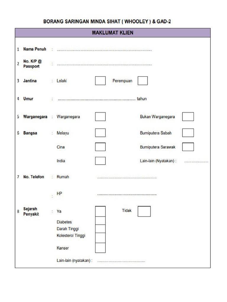 Borang Whooley-Gad2-Phq9-Gad7 | PDF