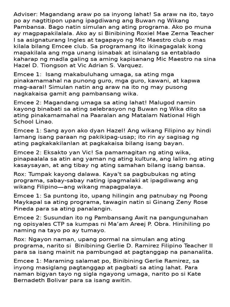 Emcee Script Buwan NG Wika Culmination | PDF