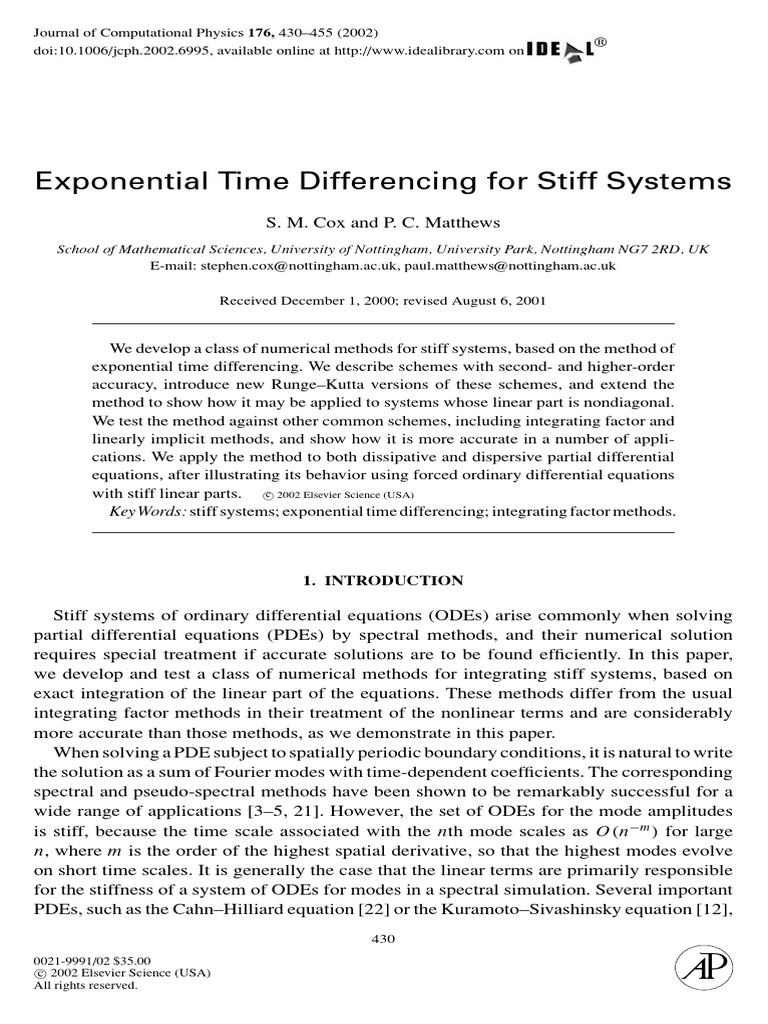Cox, Matthews, JCP, 2002, Exponential Time Differencing For Stiff Systems | PDF | Partial ...