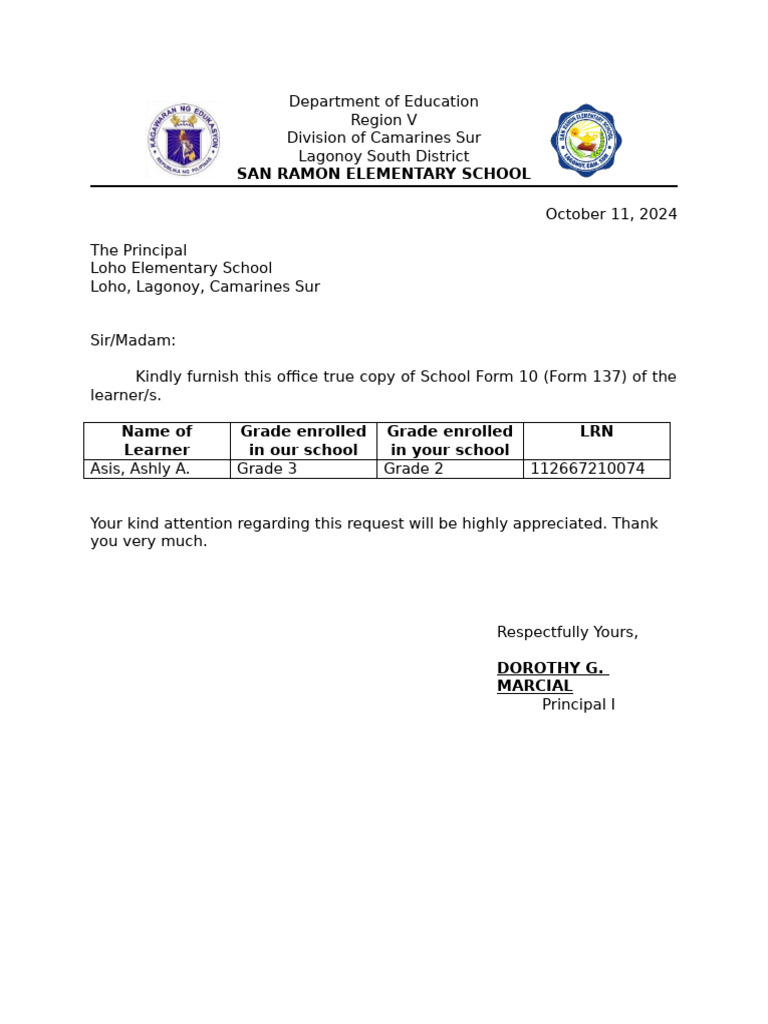 Mango Request Letter SF10 1 | PDF