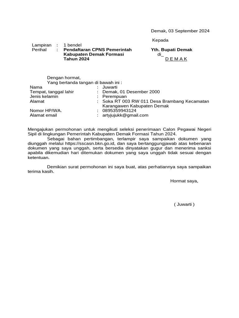Contoh Surat Lamaran CPNS Demak 2024 | PDF