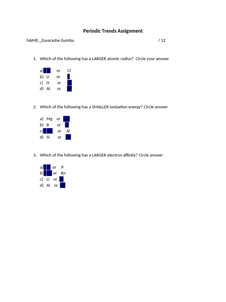 Periodic Trends Assignment | PDF | Science & Mathematics