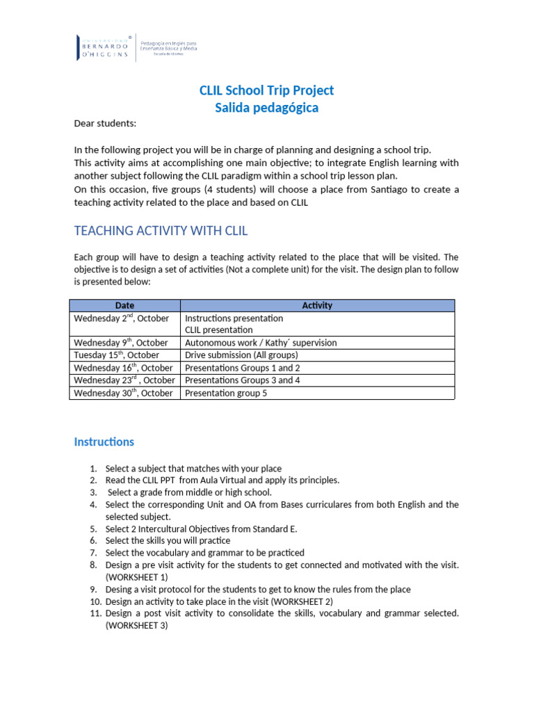 Instructions CLIL School Trip Project 2024 | PDF | Lesson Plan | Learning