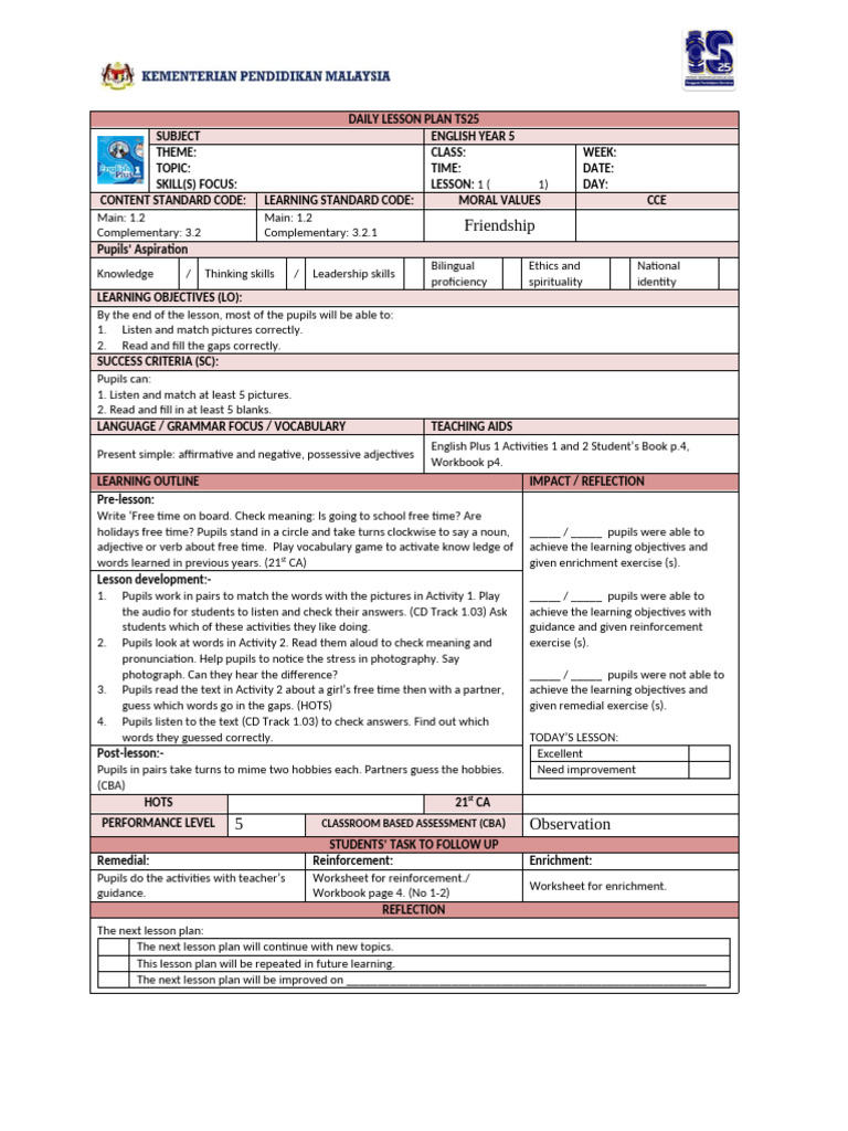 9.1 Bi Y5 TS25 Unit 0 (LP1-16) | PDF | Lesson Plan | English Language