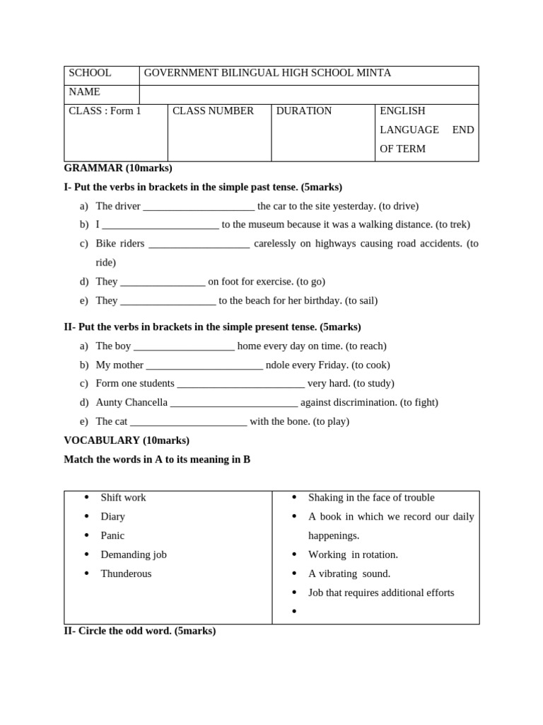 FORM 1 end of term exams | PDF | Linguistics | Grammar