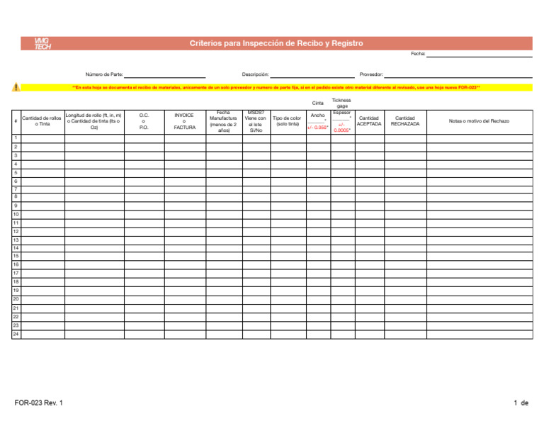 FOR-023 Rev. 1 Criterios para Inspección de Recibo y Registro - XLSX - CIRR | PDF