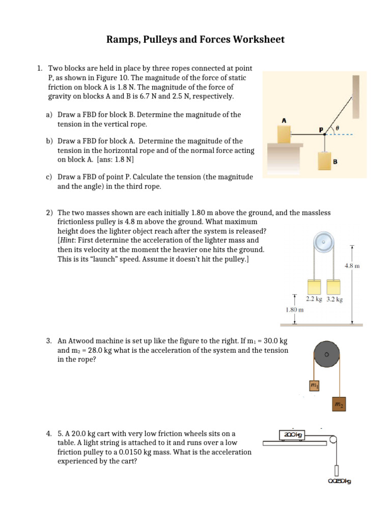 Physics Forces and Pulleys Worksheet | PDF | Tension (Physics) | Force