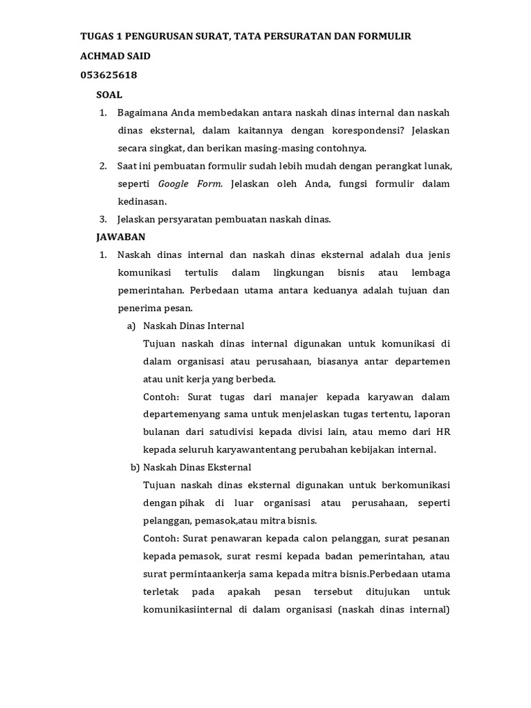 Tugas 1 Pengurusan Surat, Tata Persuratan Dan Formulir Achmad Said 053625618 | PDF