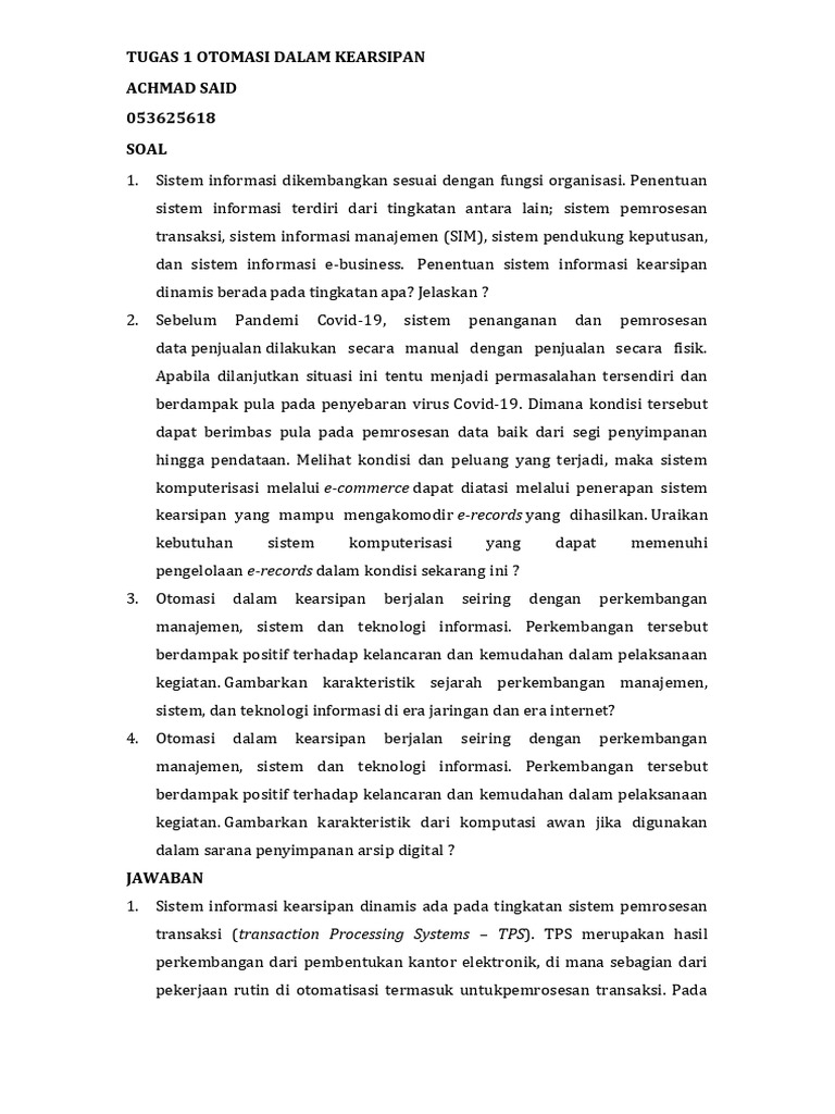 Tugas 1 Otomasi Dalam Kearsipan Achmad Said 053625618 | PDF | Bisnis | Komputer