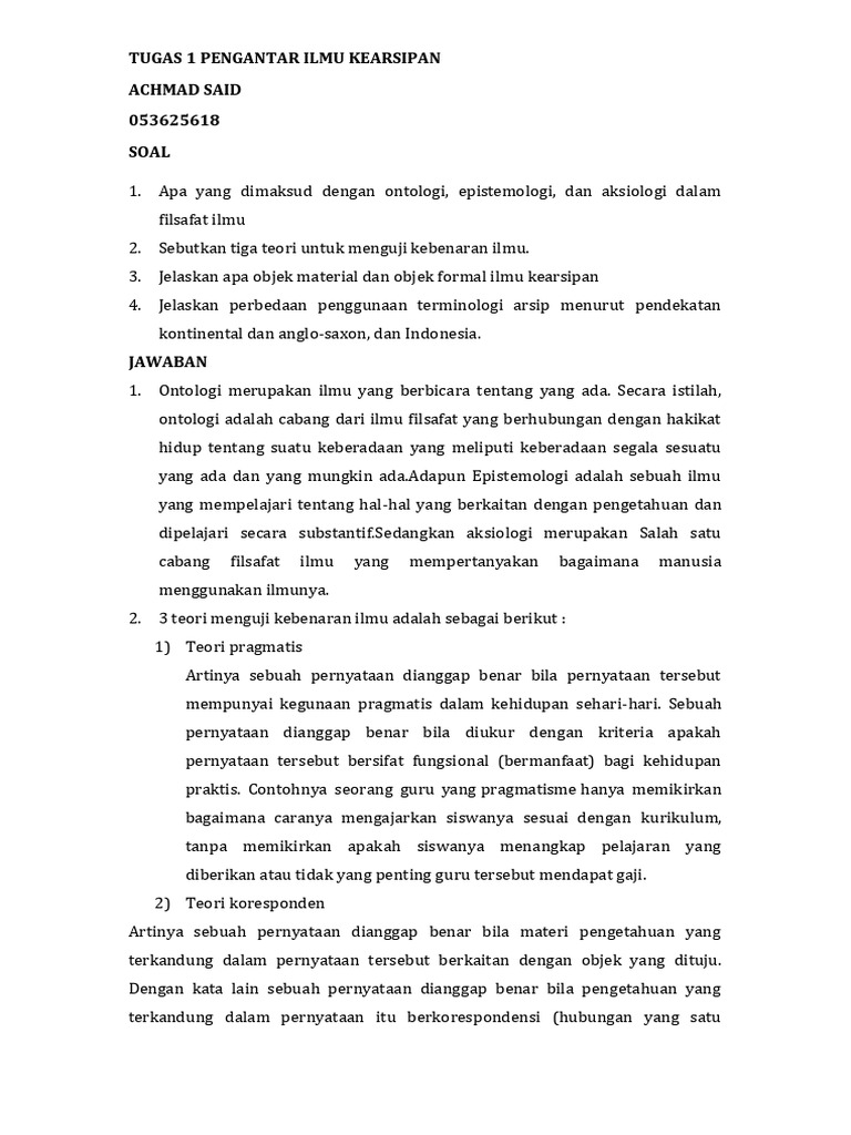 Tugas 1 Pengantar Ilmu Kearsipan Achmad Said 053625618 | PDF