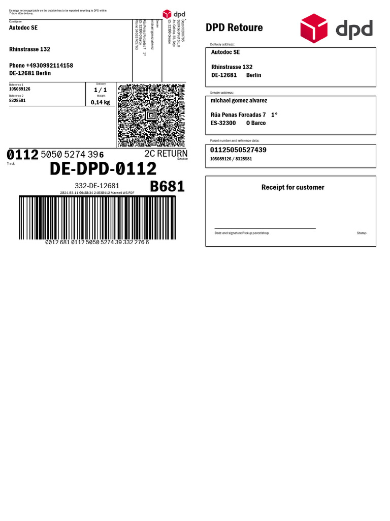 DPD Return Label for Autodoc SE | PDF | Freight Transport