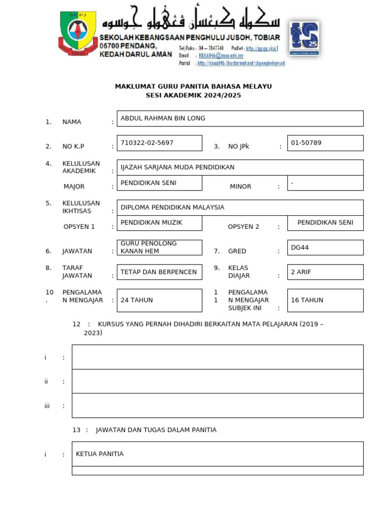 Maklumat Guru Panitia 2024 | PDF