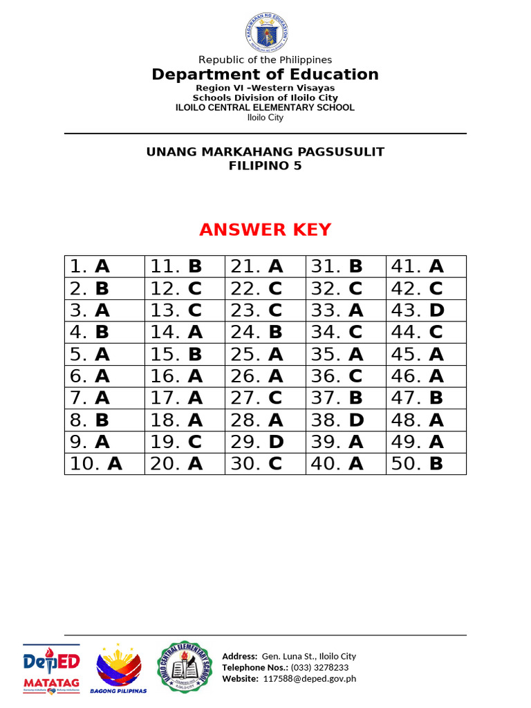 ANSWER KEY FILIPINO PT Q1 | PDF