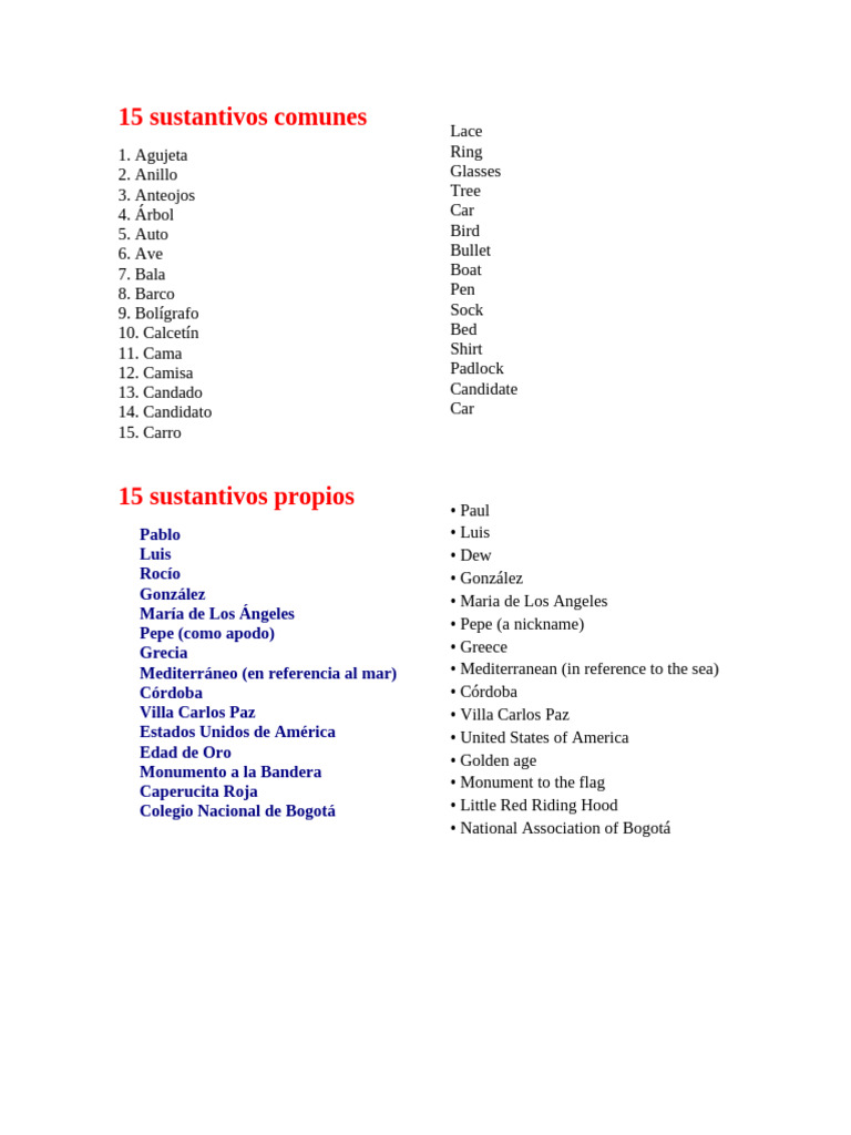 15 Sustantivos Comunes | PDF