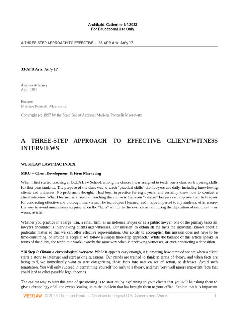 A THREE-STEP APPROACH TO EFFECTIVE CLIENTWITNESS INTERVIEWS | PDF | Lawyer