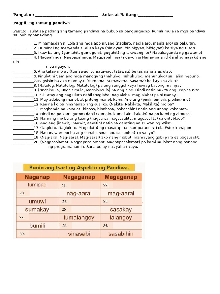 Pandiwa Worksheets | PDF