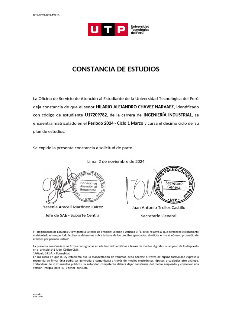 Constancia de Estudios UTP 2024 | PDF