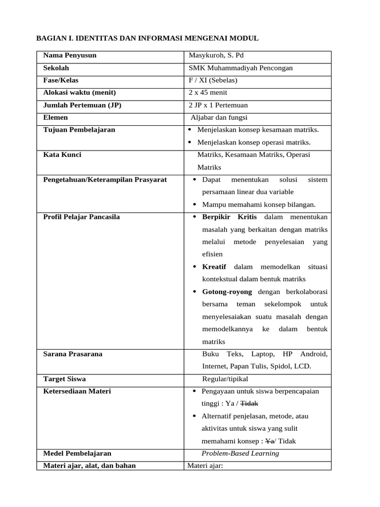 Modul Ajar Matriks untuk SMK | PDF | Karier & Perkembangan