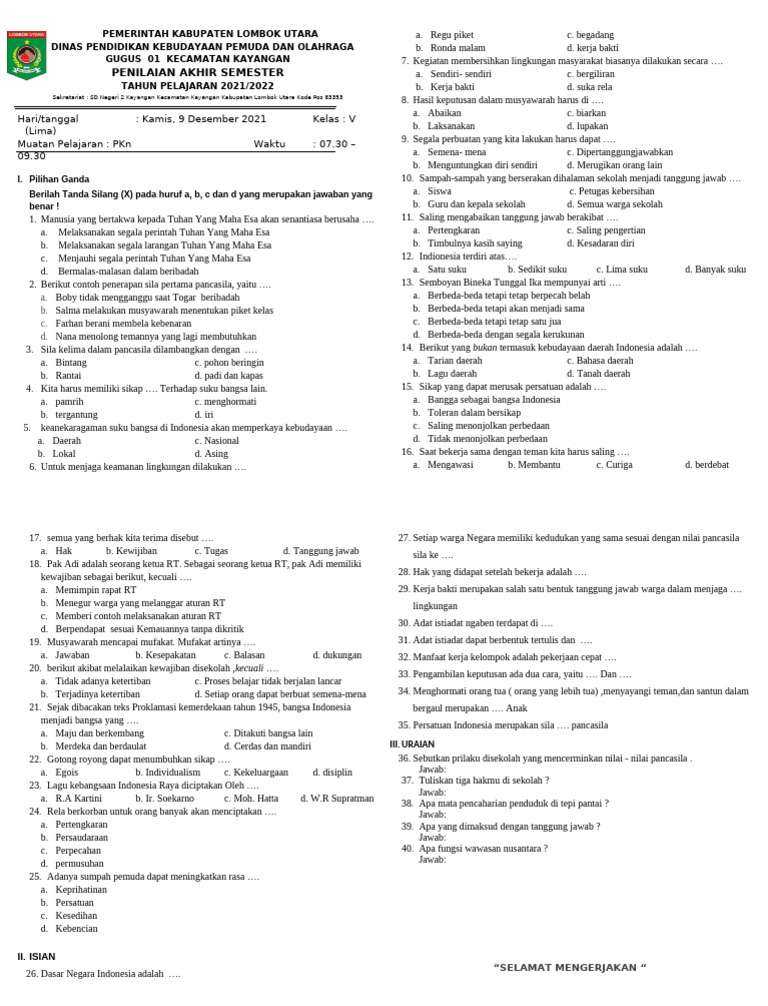 Soal PKN Kelas 5 | PDF