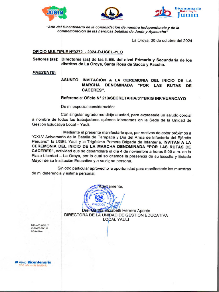 Oficio Mult N°0272 Invitación A La Ceremonia "Por Las Rutas de Caceres" | PDF