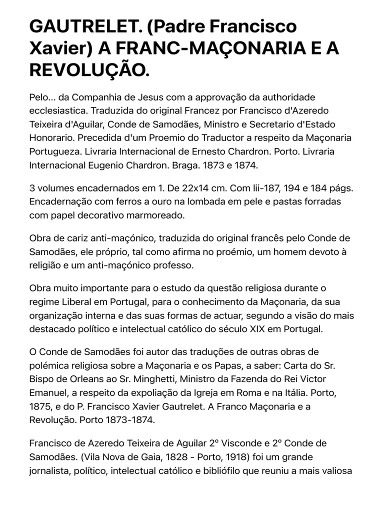 GAUTRELET. (Padre Francisco Xavier) A FRANC-MAÇONARIA E A REVOLUÇÃO ...