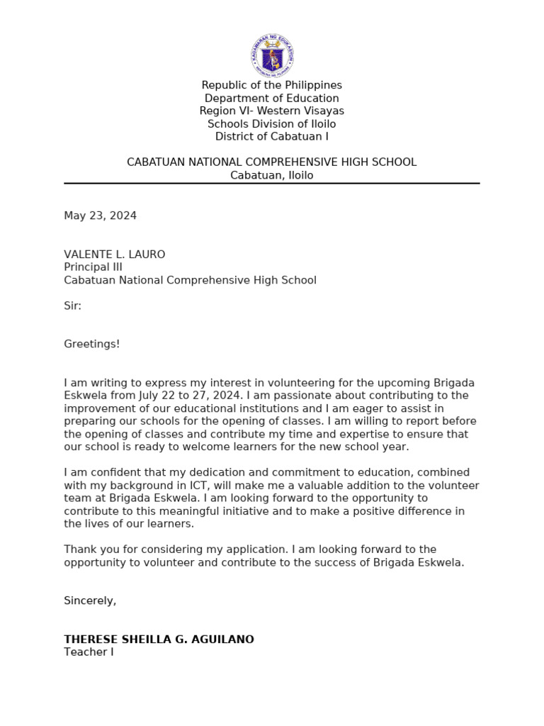 BRIGADA Eskwela Volunteer Letter | PDF
