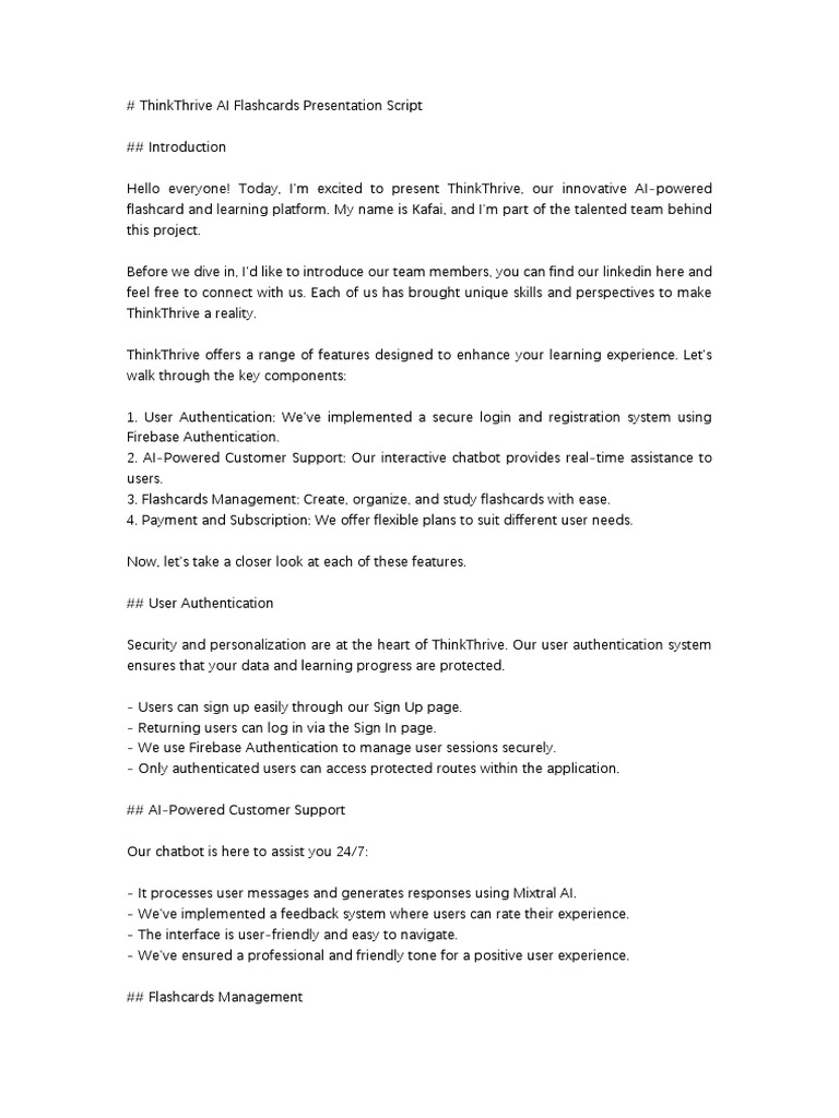 ThinkThrive AI Flashcards Presentation Script | PDF | Flashcard | Computing