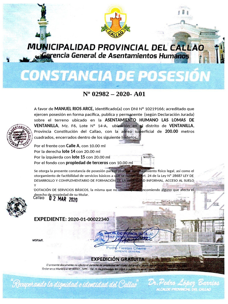 Constancia de Posesion Ventanilla Callao | PDF | Derecho
