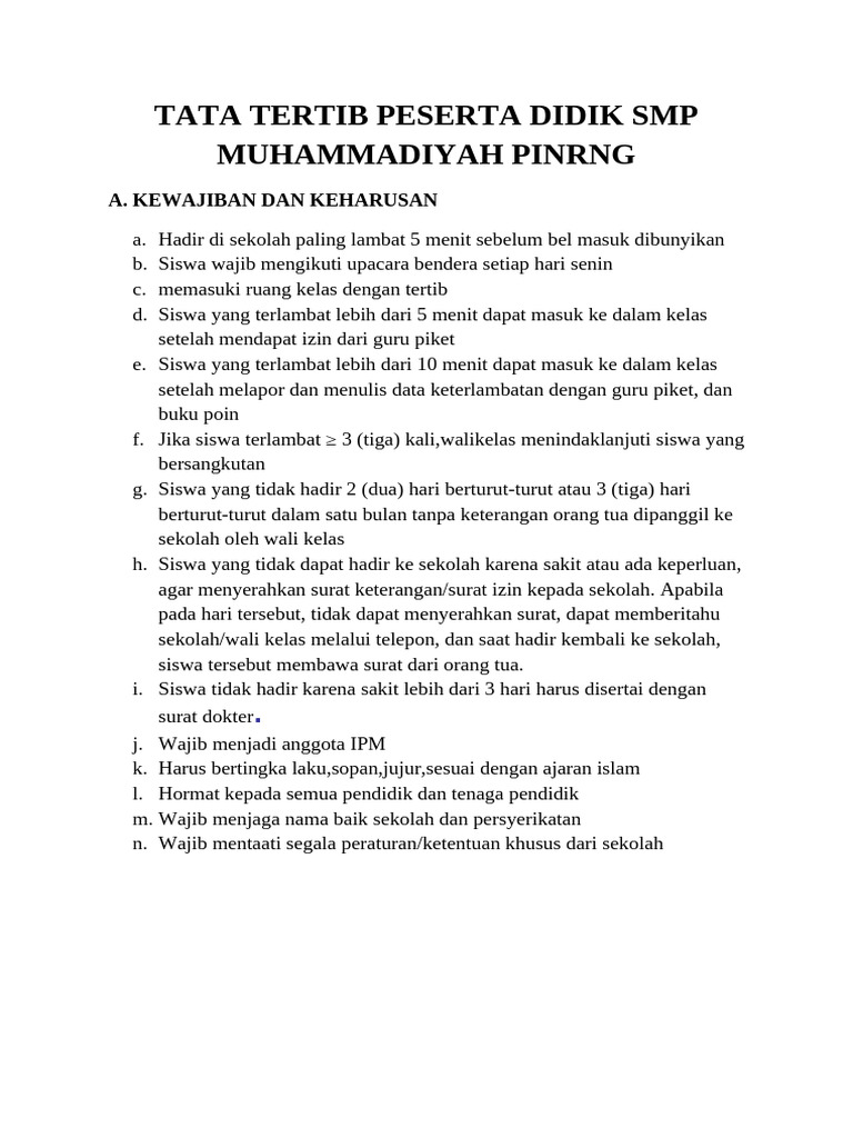Tata Tertib Peserta Didik SMP Muhammadiyah Pinrng | PDF | Seni & Disiplin Bahasa