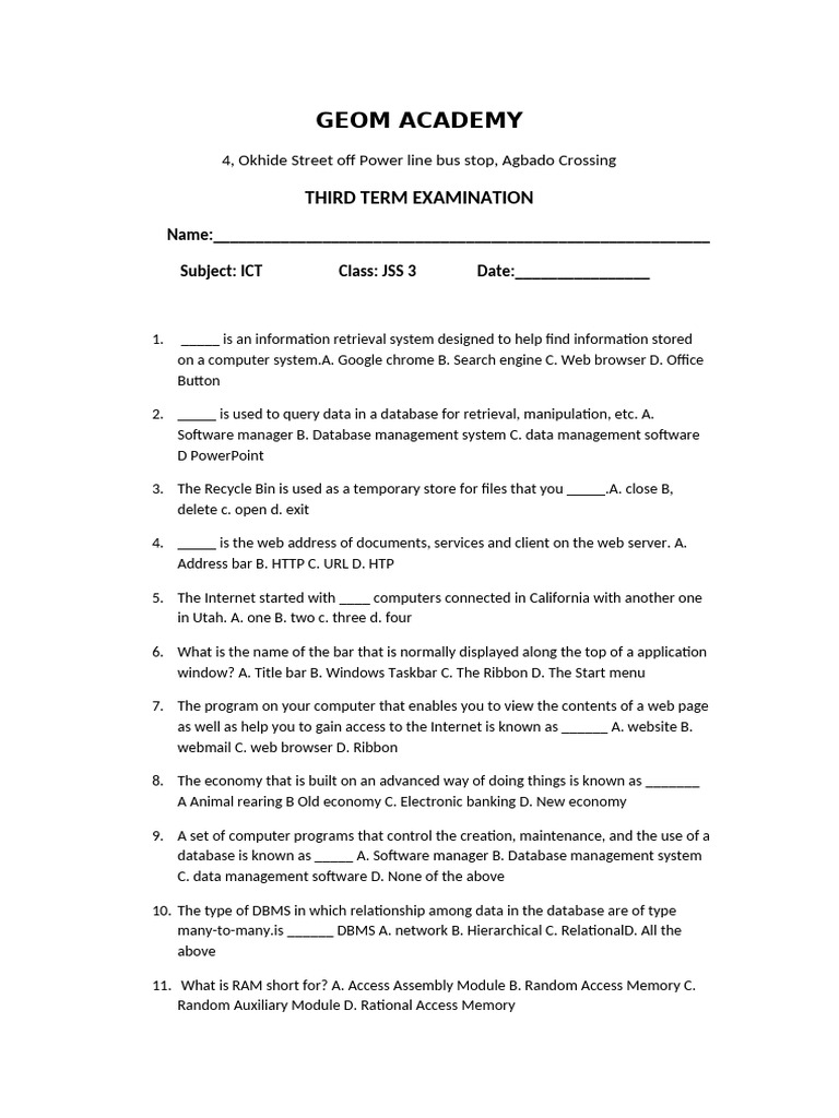 Ict Jss3 Exam Pdf Databases World Wide Web
