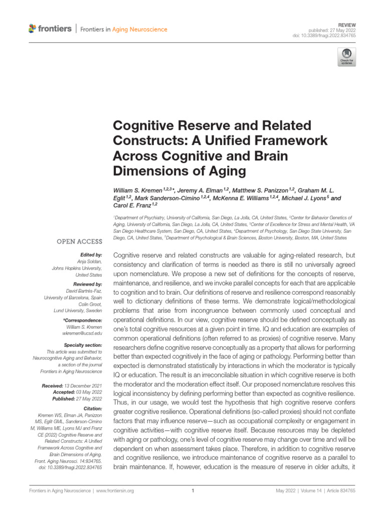 Cognitive Reserve Framework in Aging | PDF | Psychological Resilience ...