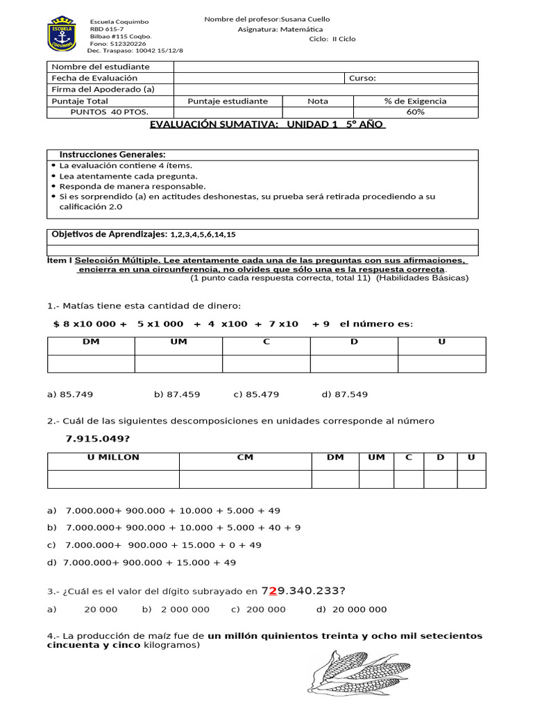 5° AÑO EVALUACION SUMATIVA UNIDAD 1 MATEMÁTICA OA 1, 2, 3, 4, 5 ADECUADA | PDF | Multiplicación ...