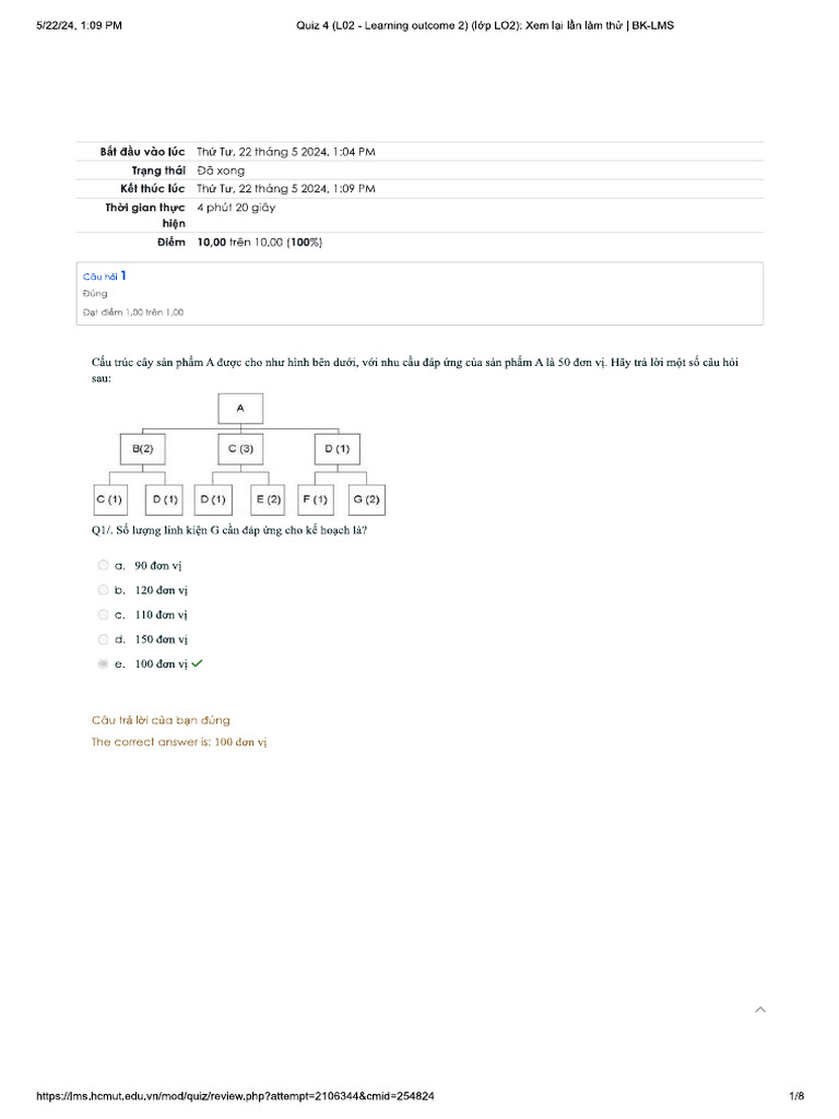 Quiz 4 L02 Learning outcome 2 lớp LO2 - Xem lại lần làm thử - BK LMS | PDF