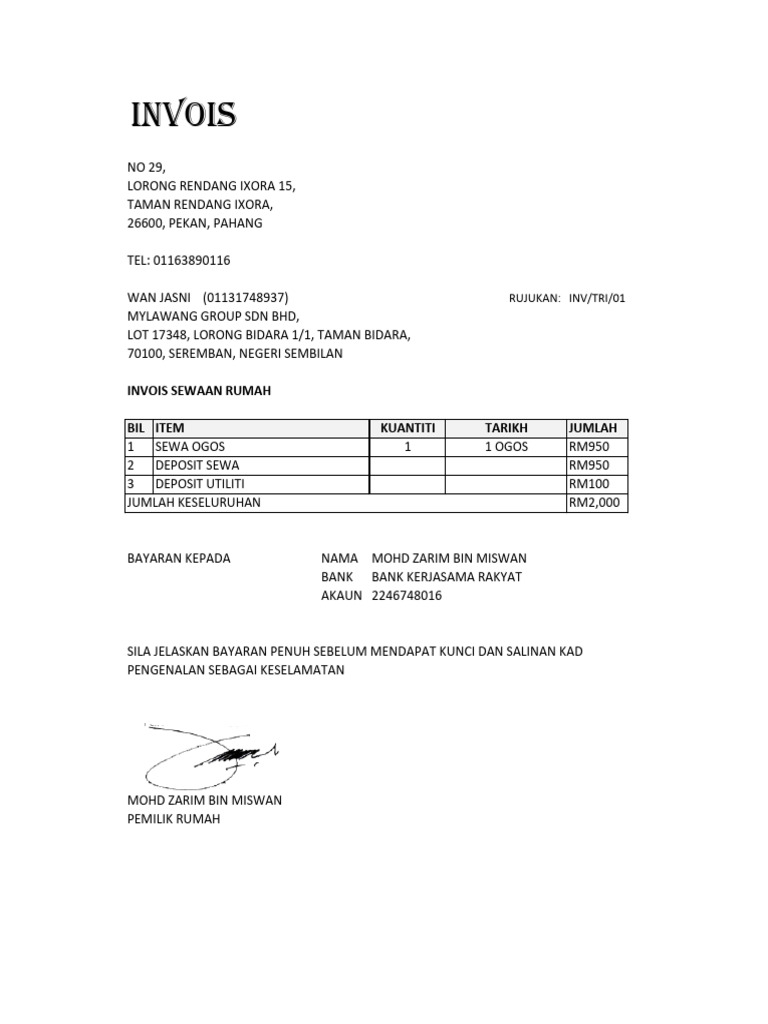 Invois Wan Jasni Sewa Rumah 29 | PDF
