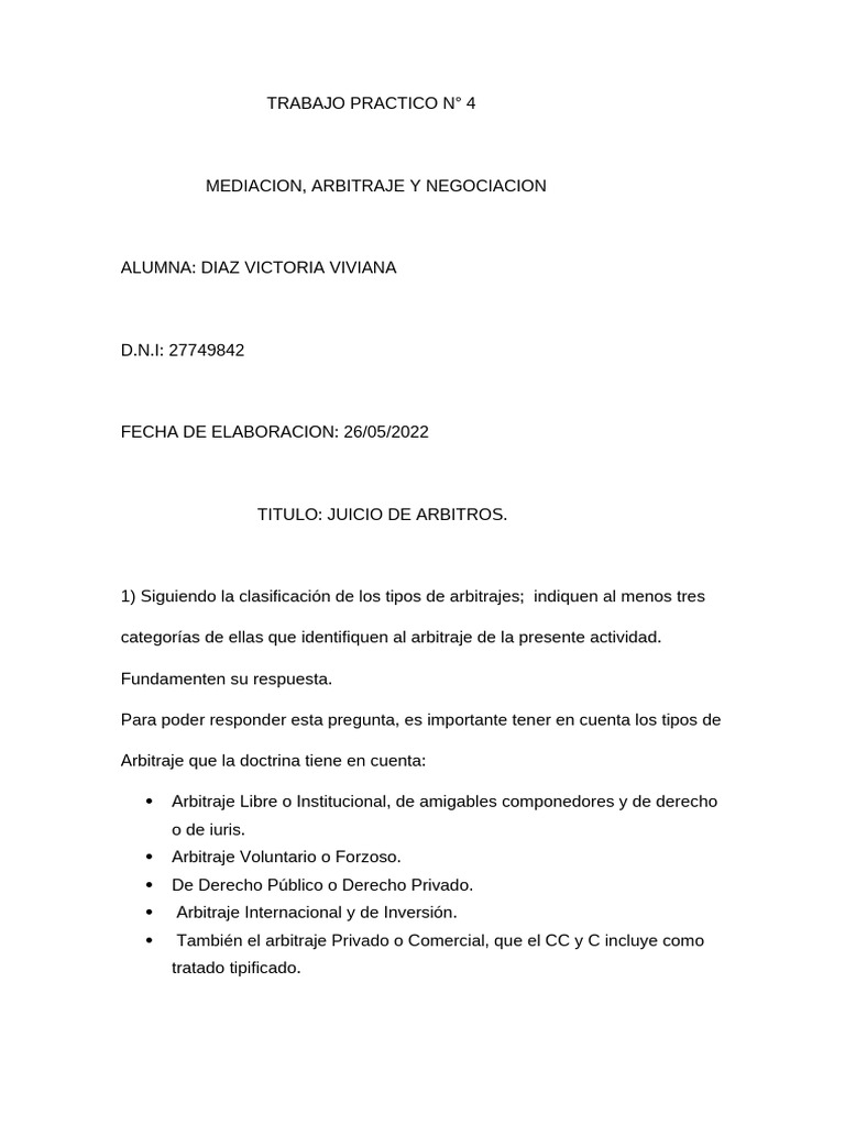 Trabajo Practico 4 Mediacion y Arbitraje | PDF | Arbitraje | Caso de ley