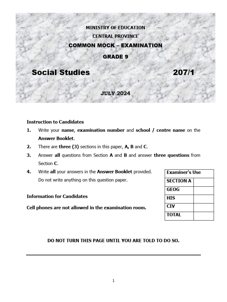 Grade 9 Social Studies Mock Exam 2024 | PDF | Zambia