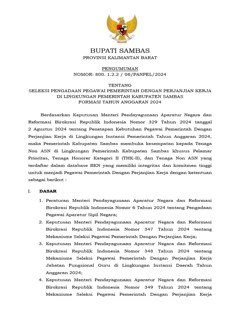 Pengumuman Seleksi PPPK 2024 Kab. Sambas | PDF