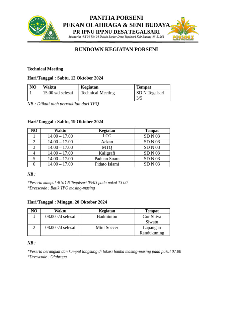 Rundown Kegiatan Porseni Revisi y | PDF