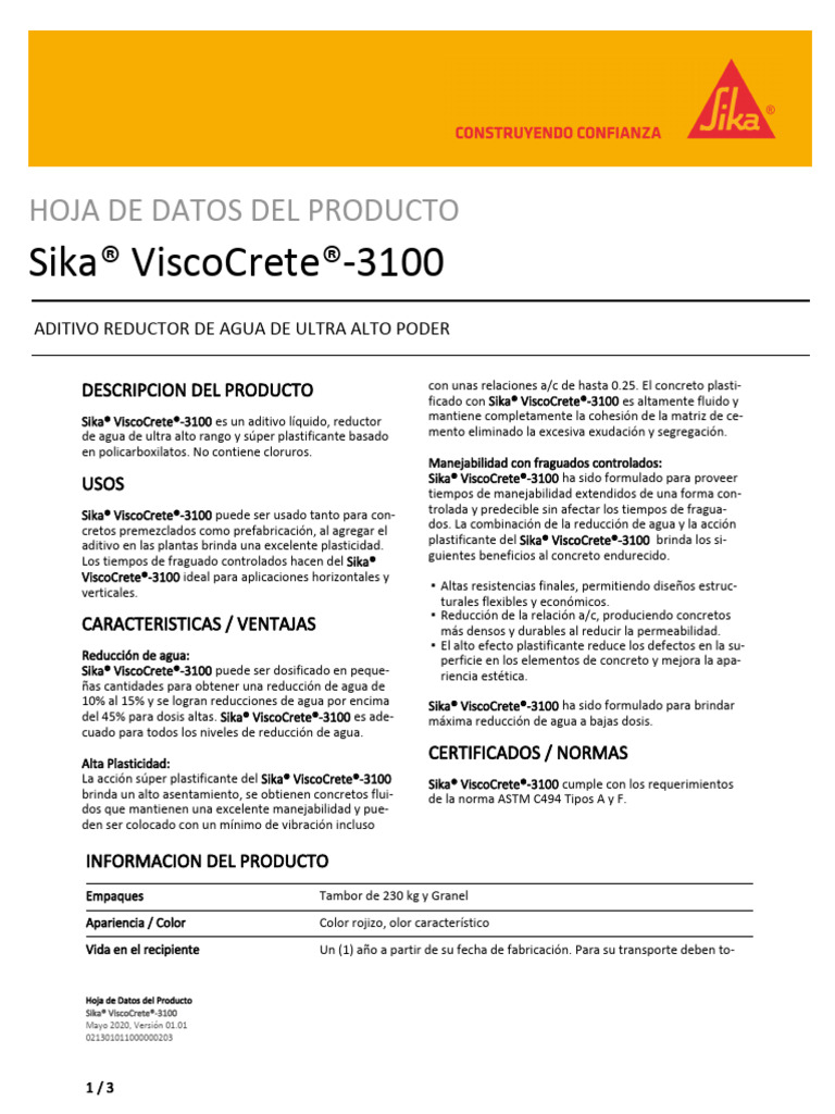 Sika Viscocrete - 3100 | PDF | Hormigón | Agua