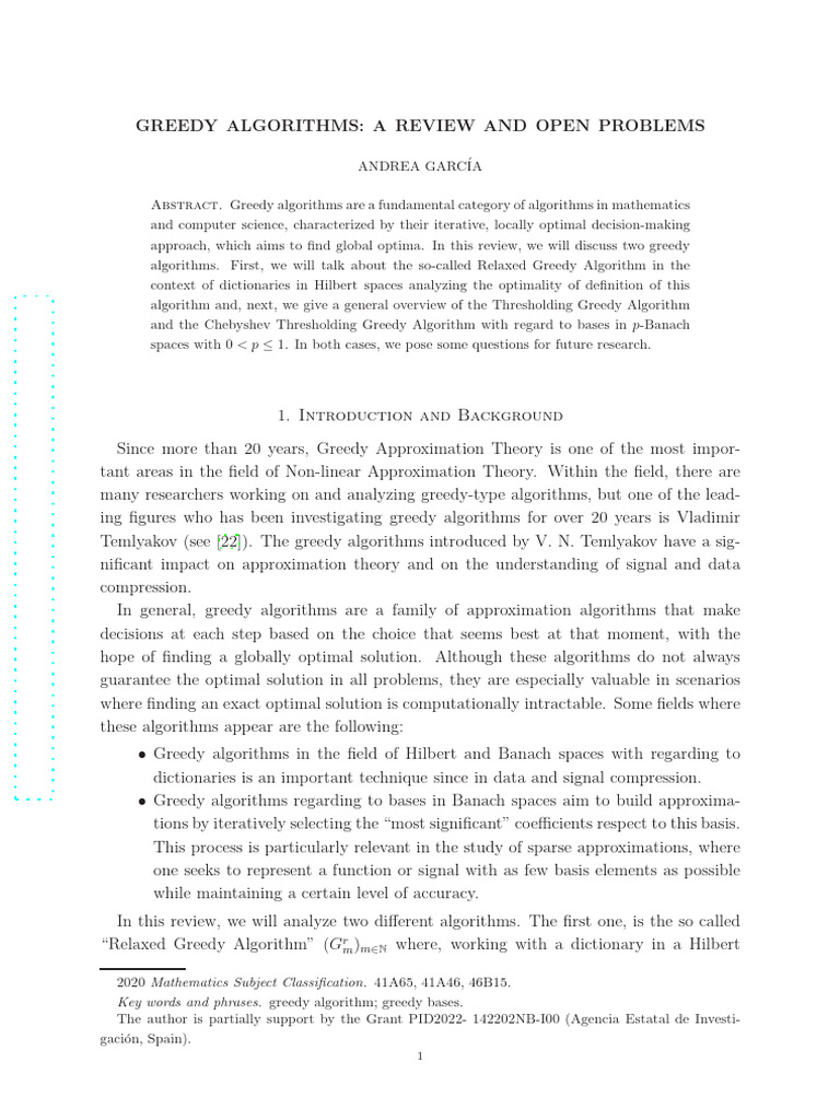 Greedy Greedy Algorithms A Review And Open Problems Pdf Basis Linear Algebra Algorithms